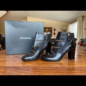 CHANEL Shoes | Silver With Black Toe Booties | Poshmark